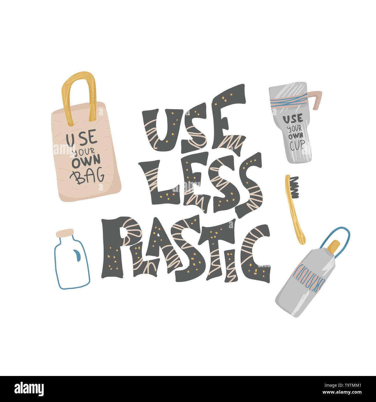 Use less plastic concept. Quote with eco lifestyle elements in flat ...
