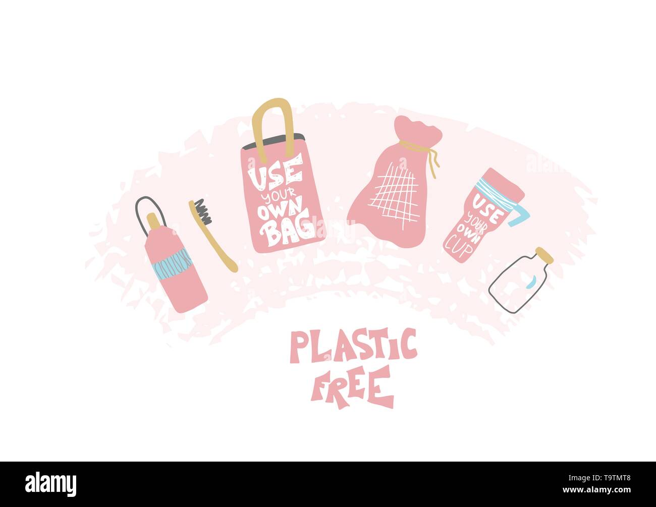 Plastic free concept. Quote with eco lifestyle elements isolated on white background. Emblem ...