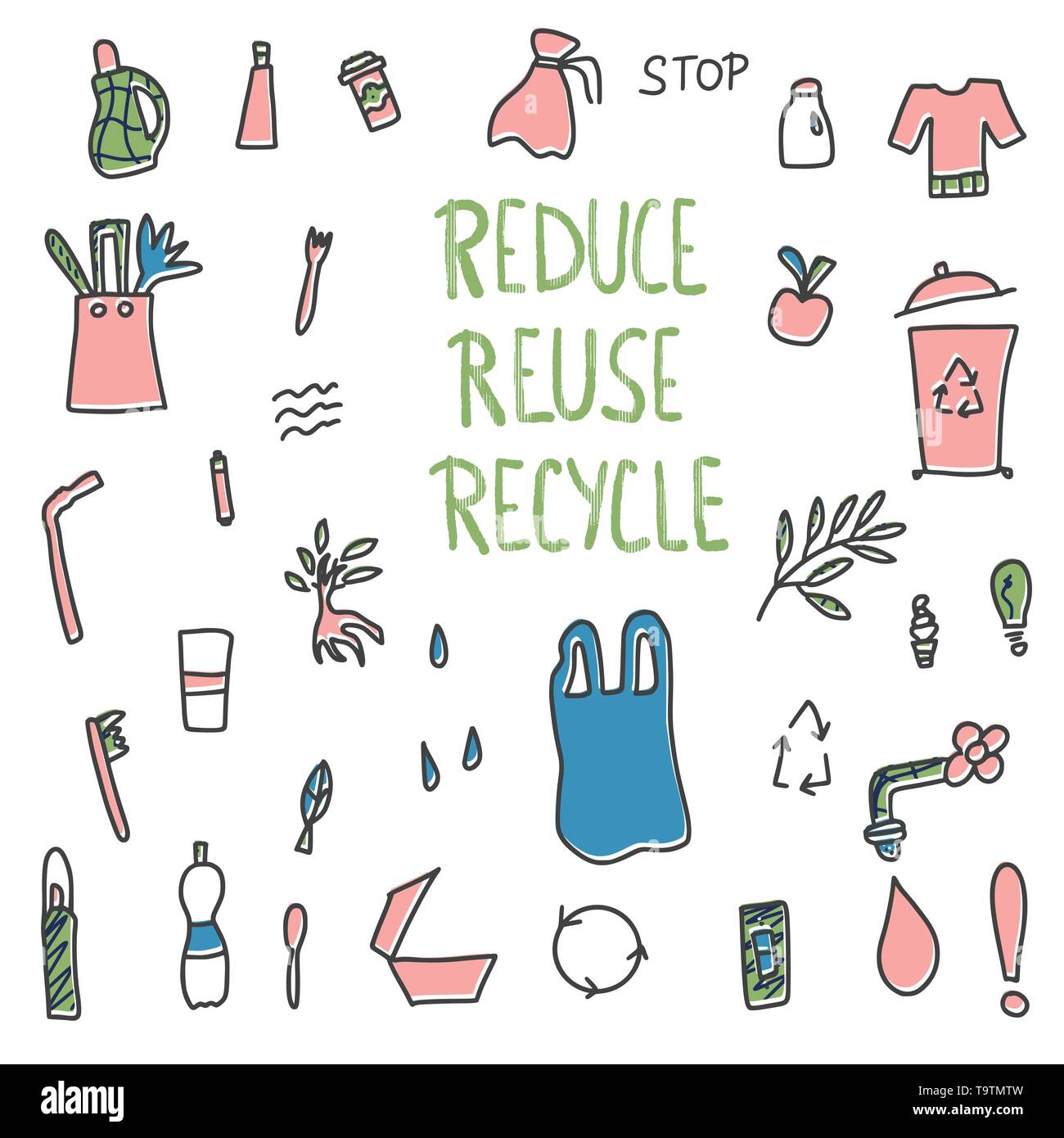 Reduce Reuse Recycle concept. Quote with eco lifestyle elements. Emblem with handwritten ...