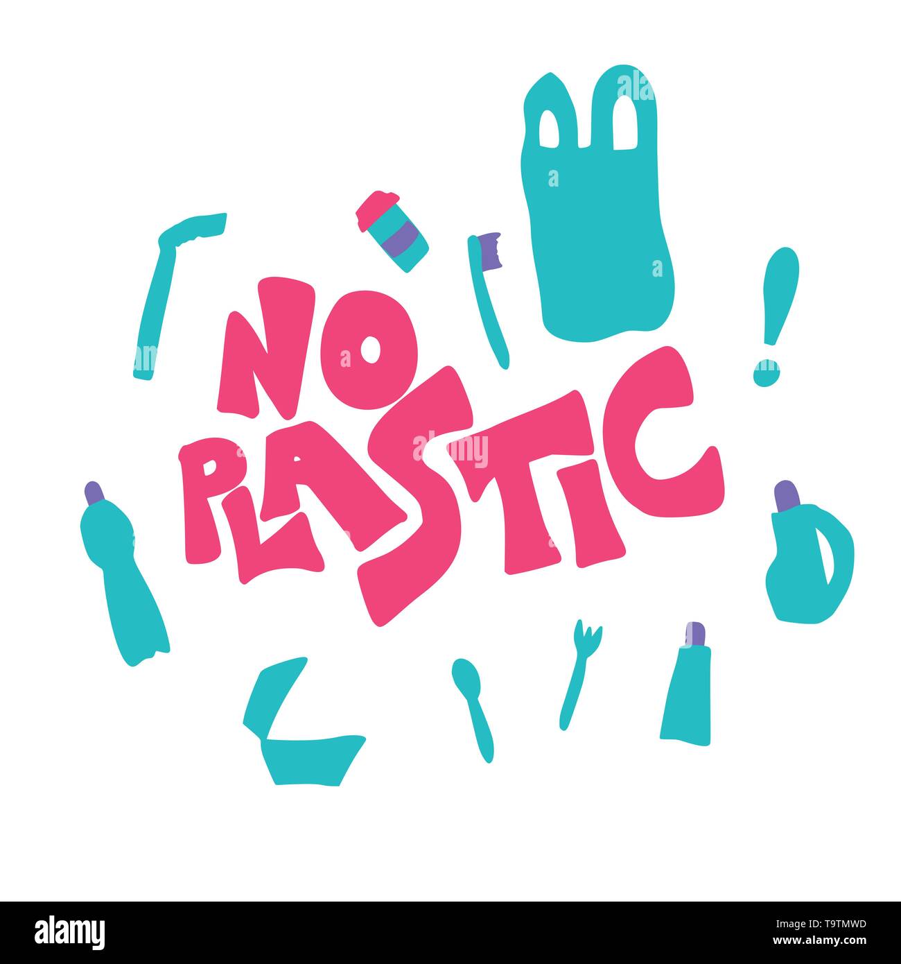 No plastic concept. Quote with eco lifestyle elements isolated on white background. Emblem with ...