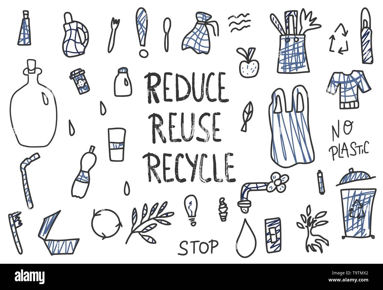 Reduce Reuse Recycle concept. Quote with eco lifestyle elements. Emblem with handwritten ...