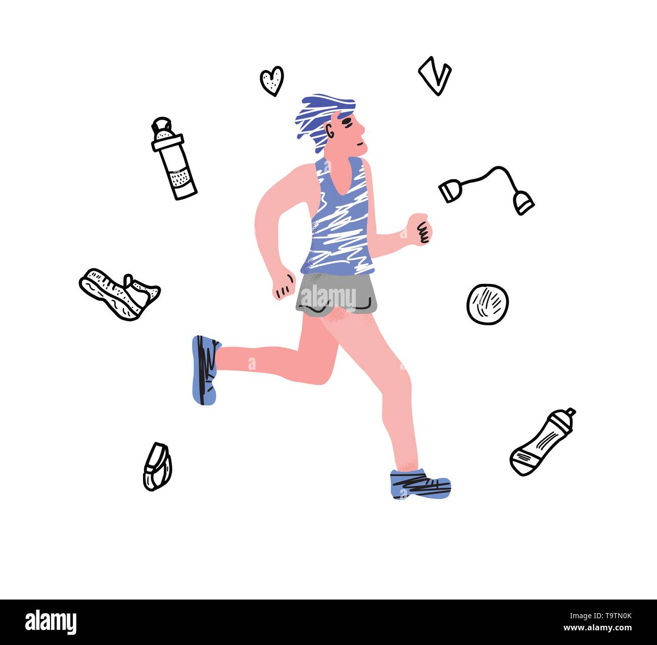 Sportsmet running with sports symbols in doodle style. Runner isolated ...
