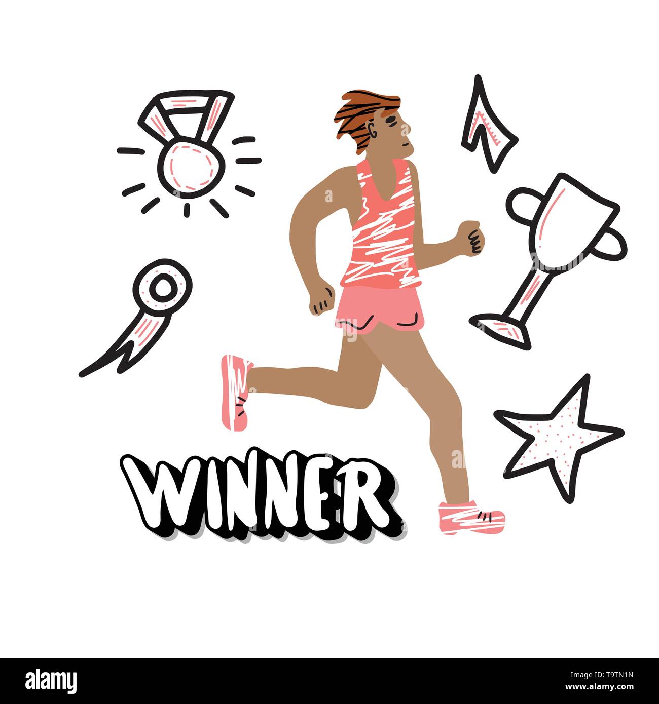 Sportsmet running with sports symbols in doodle style. Runner isolated ...