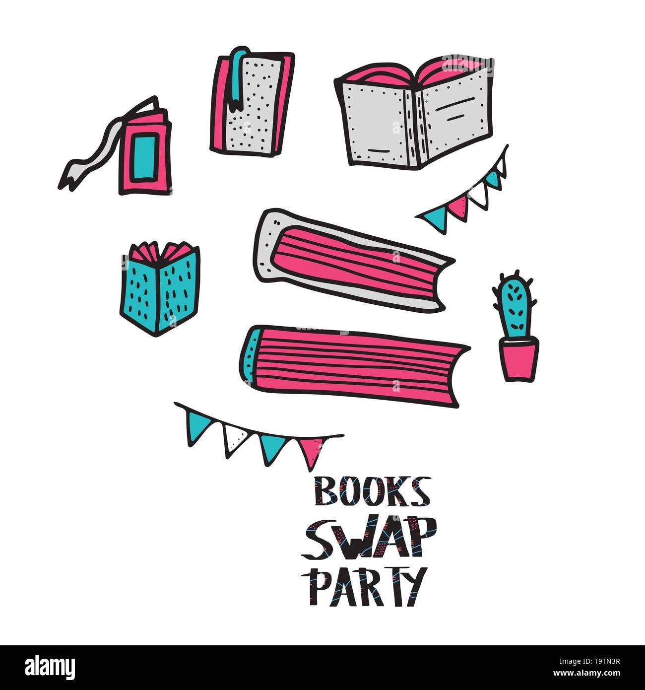 Book Swap Party Concept Hand Lettering With Doodle Style Decoration book-swap-party-concept-hand-lettering-with-doodle-style-decoration