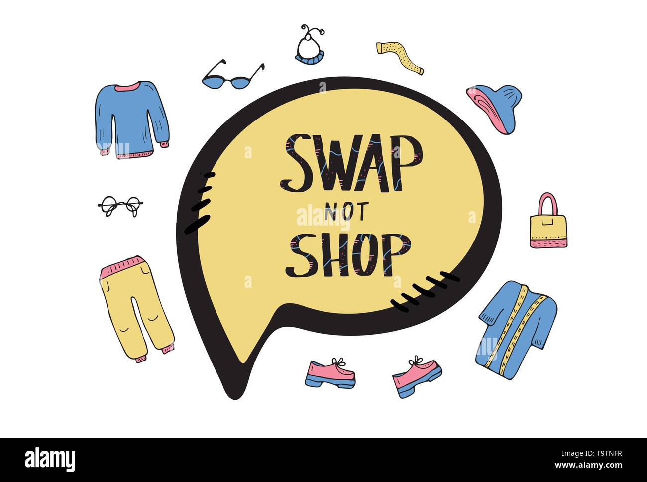 Swap not Shop lettering with speech bubble and doodle style decoration ...