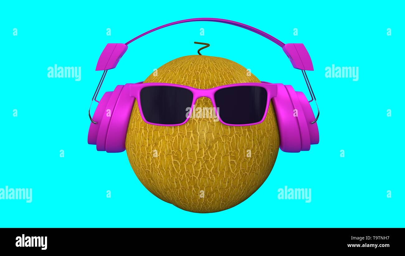 3D illustration of fancy melon. Funky fresh melon with headphone and ...