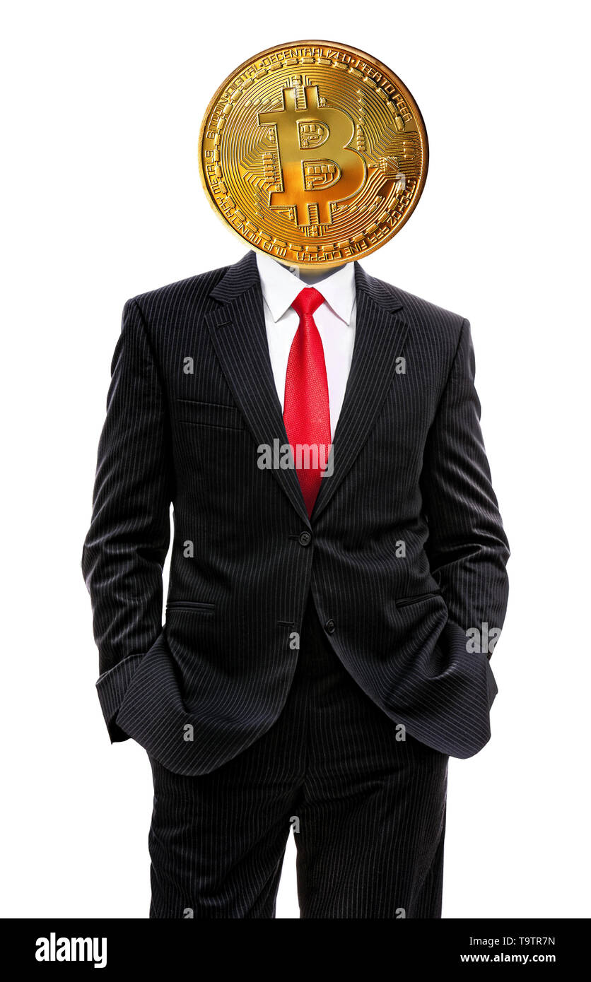 business man with bitcoin on his head isolated on white, 3d ...