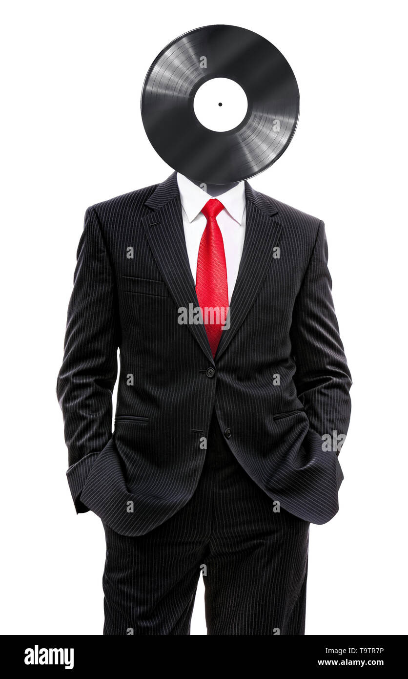 business man with vinyl disk on his head isolated on white, 3d ...