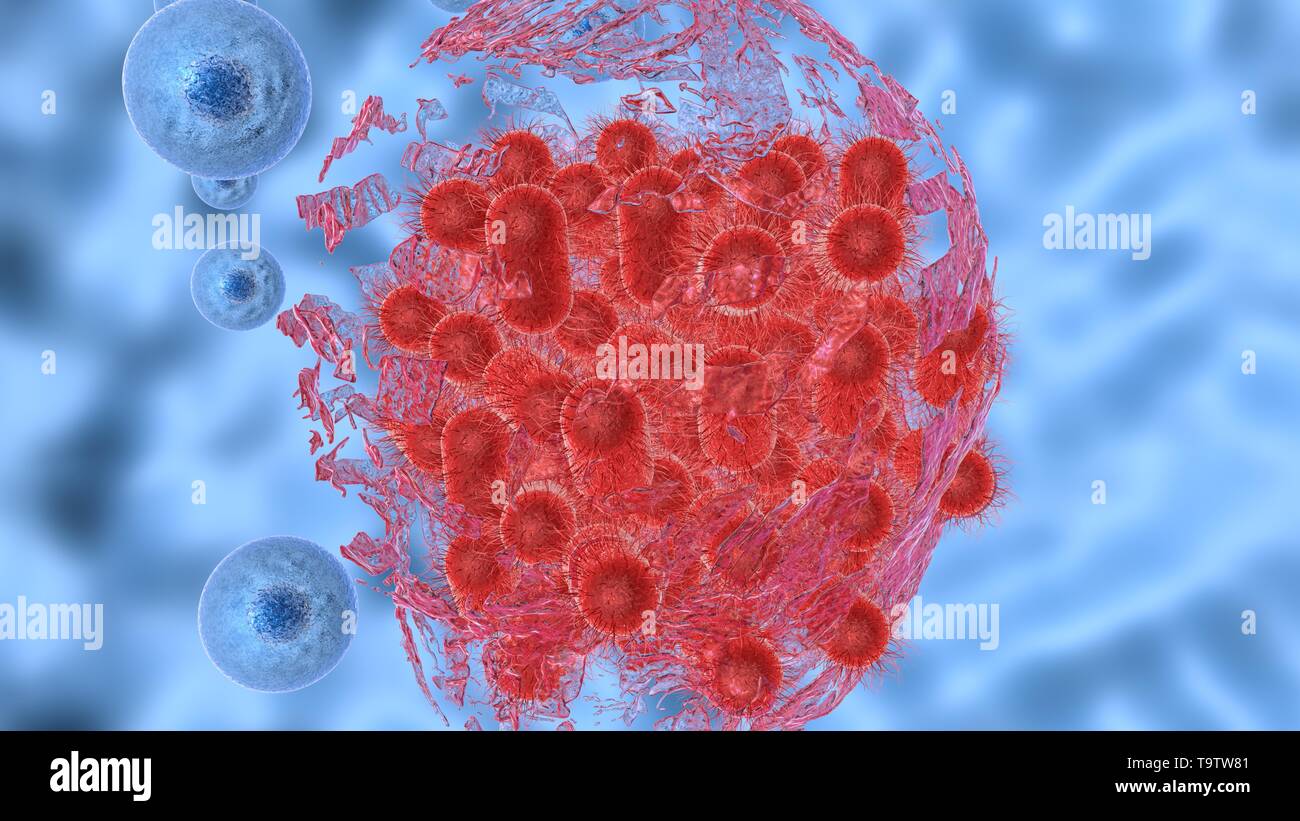 3D illustration of infecting living cell of pathogenic microorganisms ...