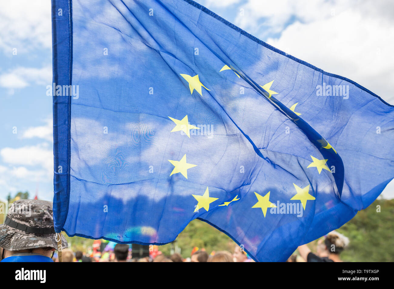 Close up on the European Union Flag on the Prague Pride parade. View ...