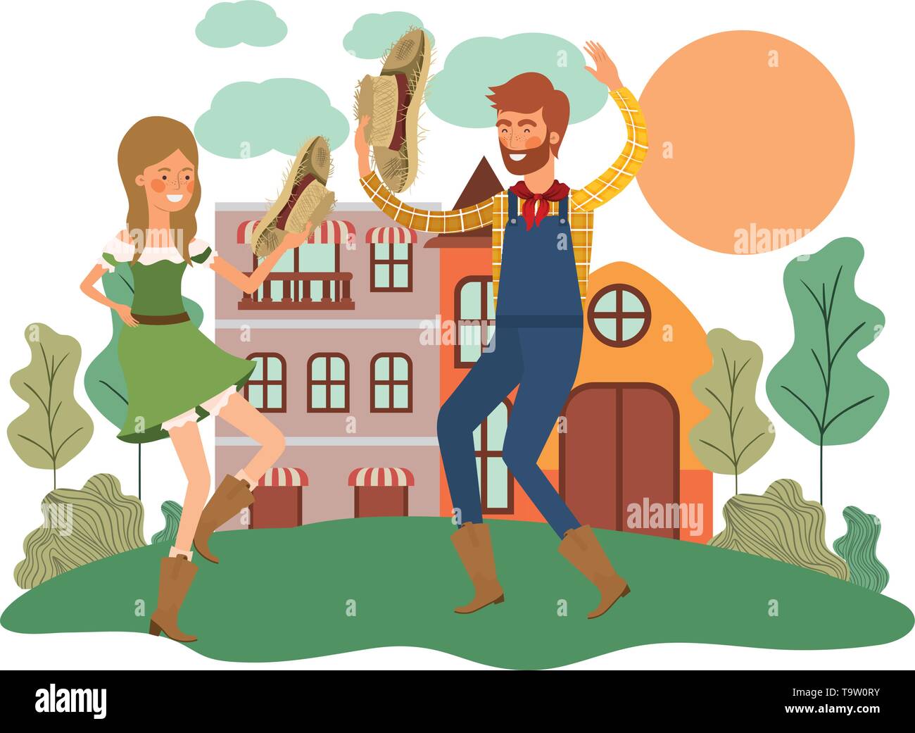 farmers couple dancing with background houses Stock Vector Image & Art ...