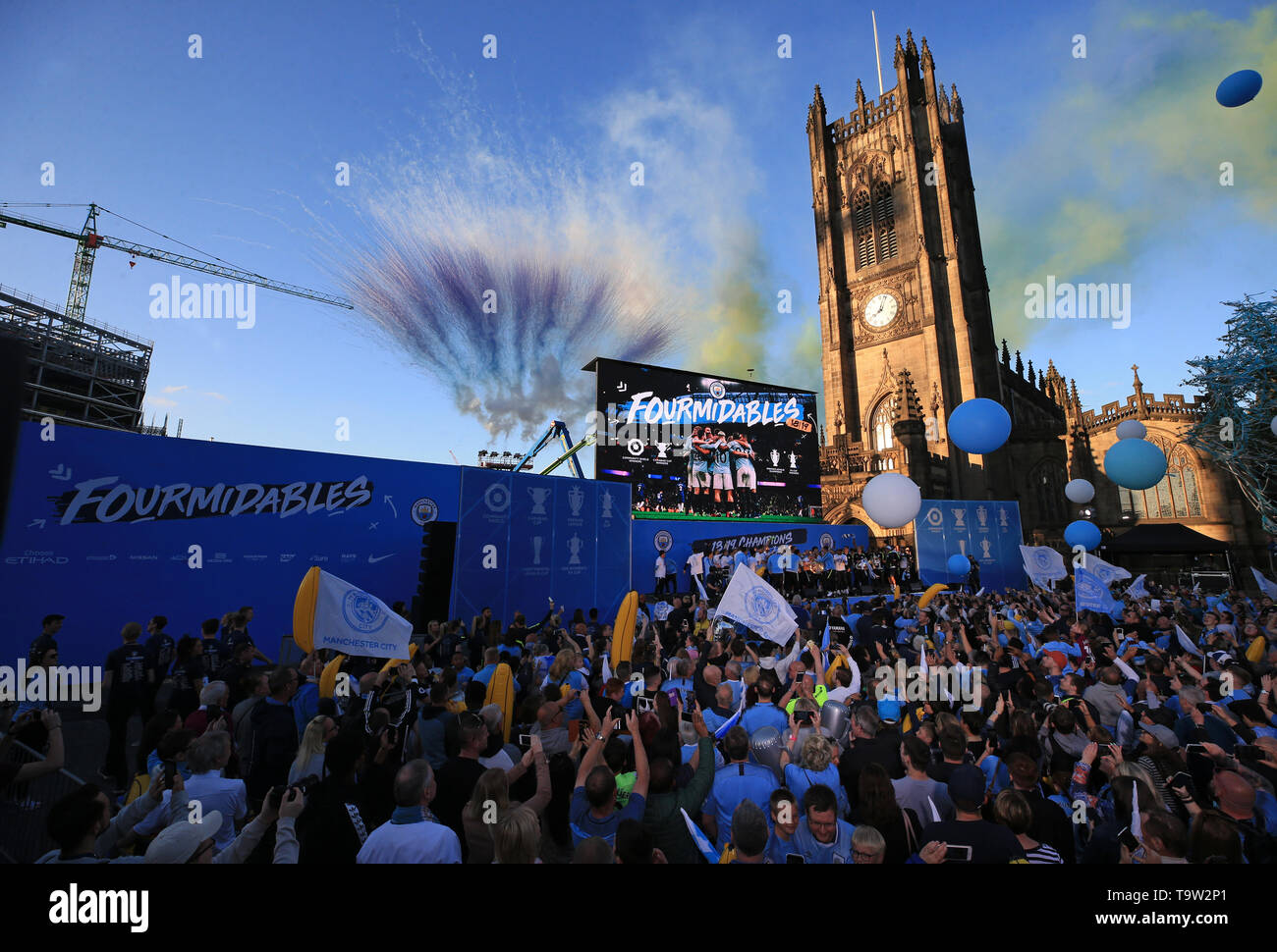 Fireworks go off as Manchester City celebrate onstage during the trophy ...