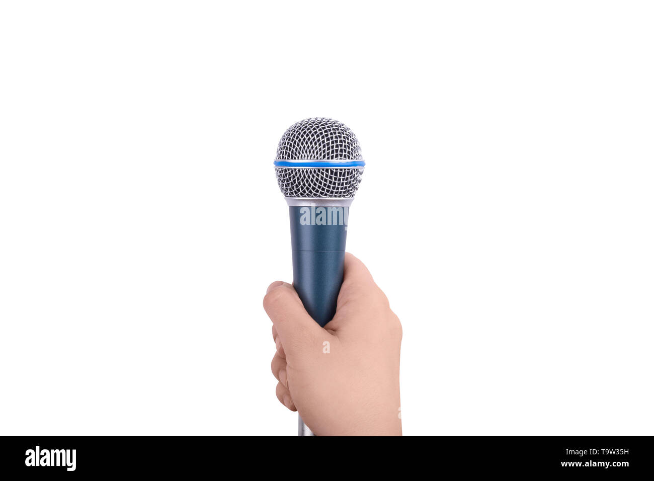hand holding microphone for the interview, isolated on white background ...