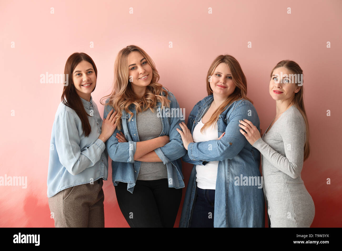 Beautiful young women on color background. Concept of body positivity ...