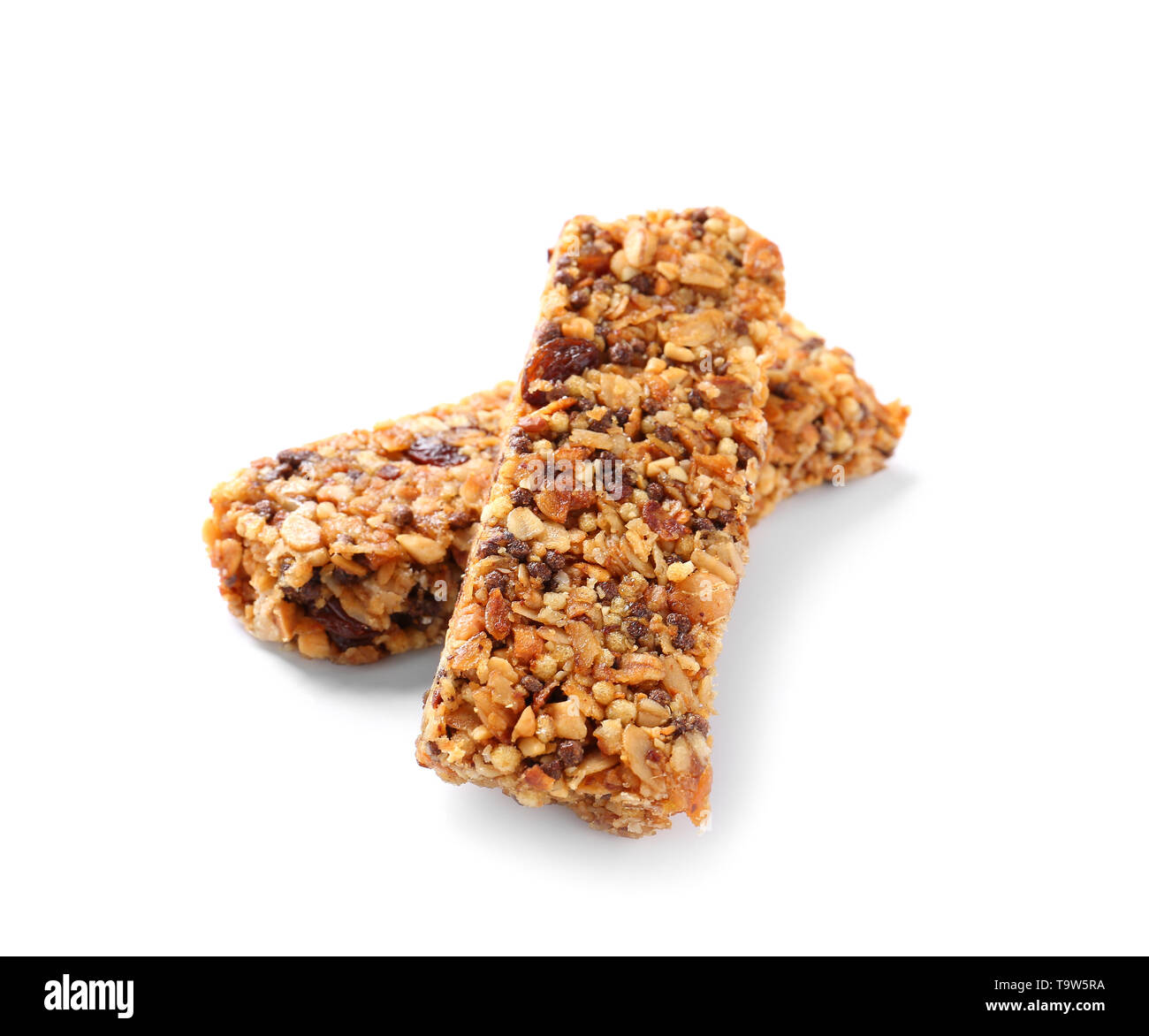 Tasty granola bars on white background Stock Photo - Alamy
