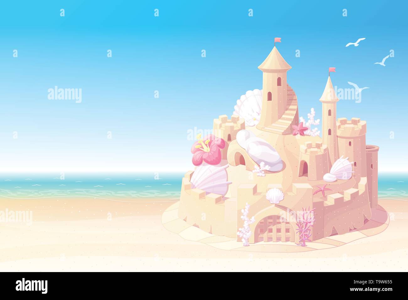 vector summer cartoon sea beach sandcastle sunny banner Stock Vector ...