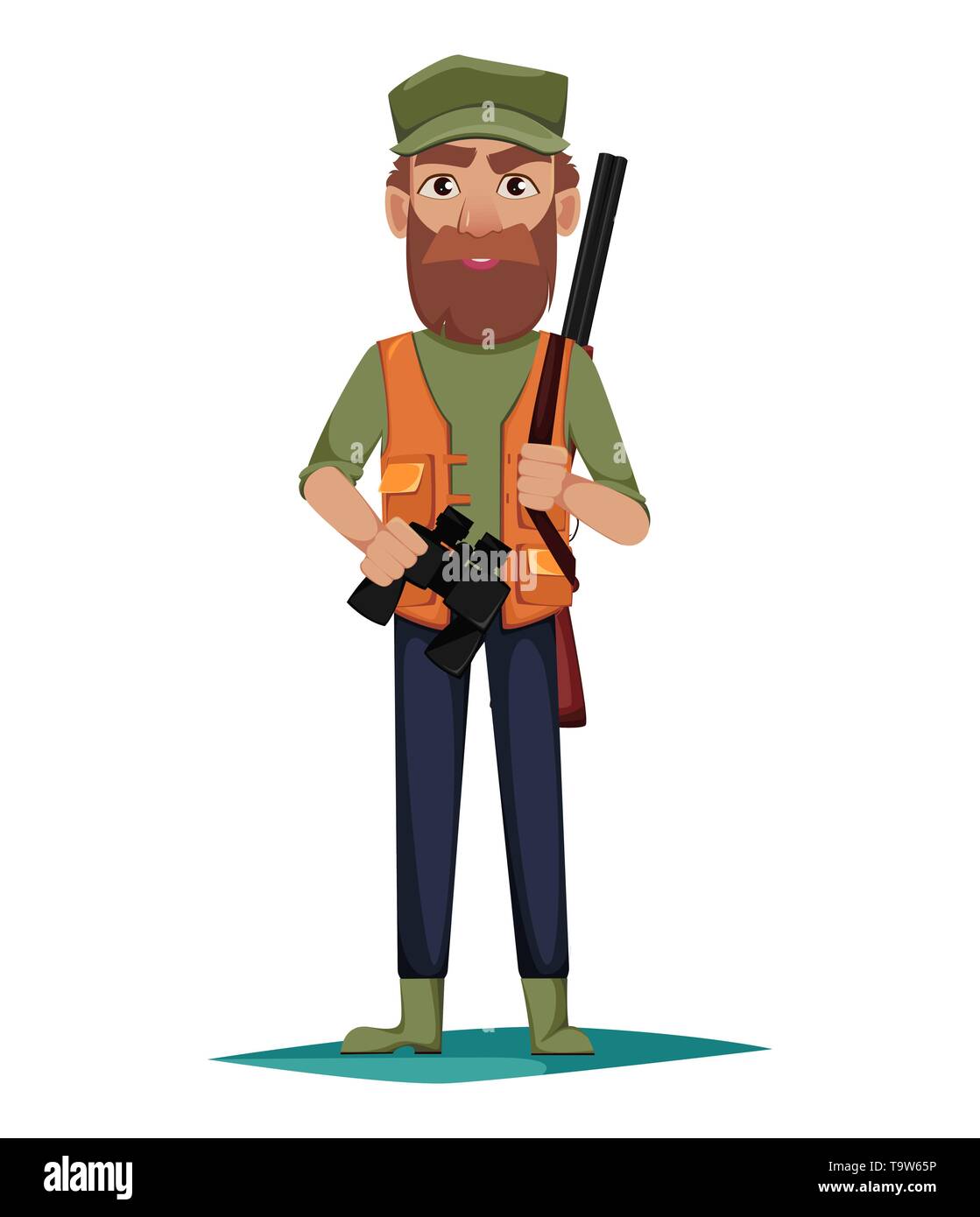 Hunter man cartoon character with a shotgun and binoculars. Vector ...