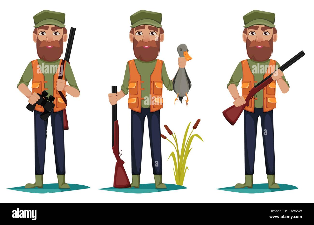 Hunter man cartoon character, set of three poses. Vector illustration ...