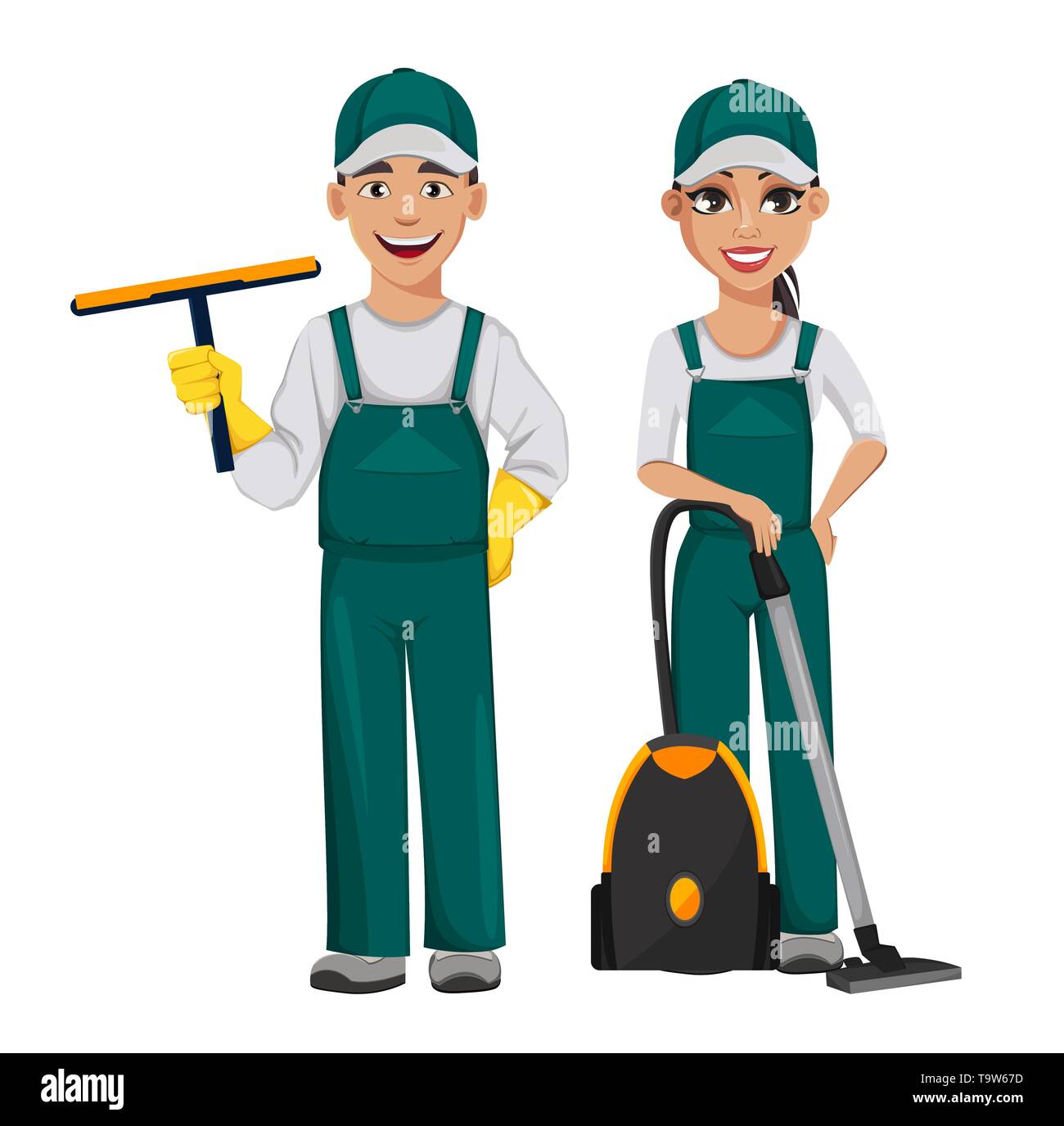 Cleaner man holds rubber squeegee and woman holds vacuum cleaner ...