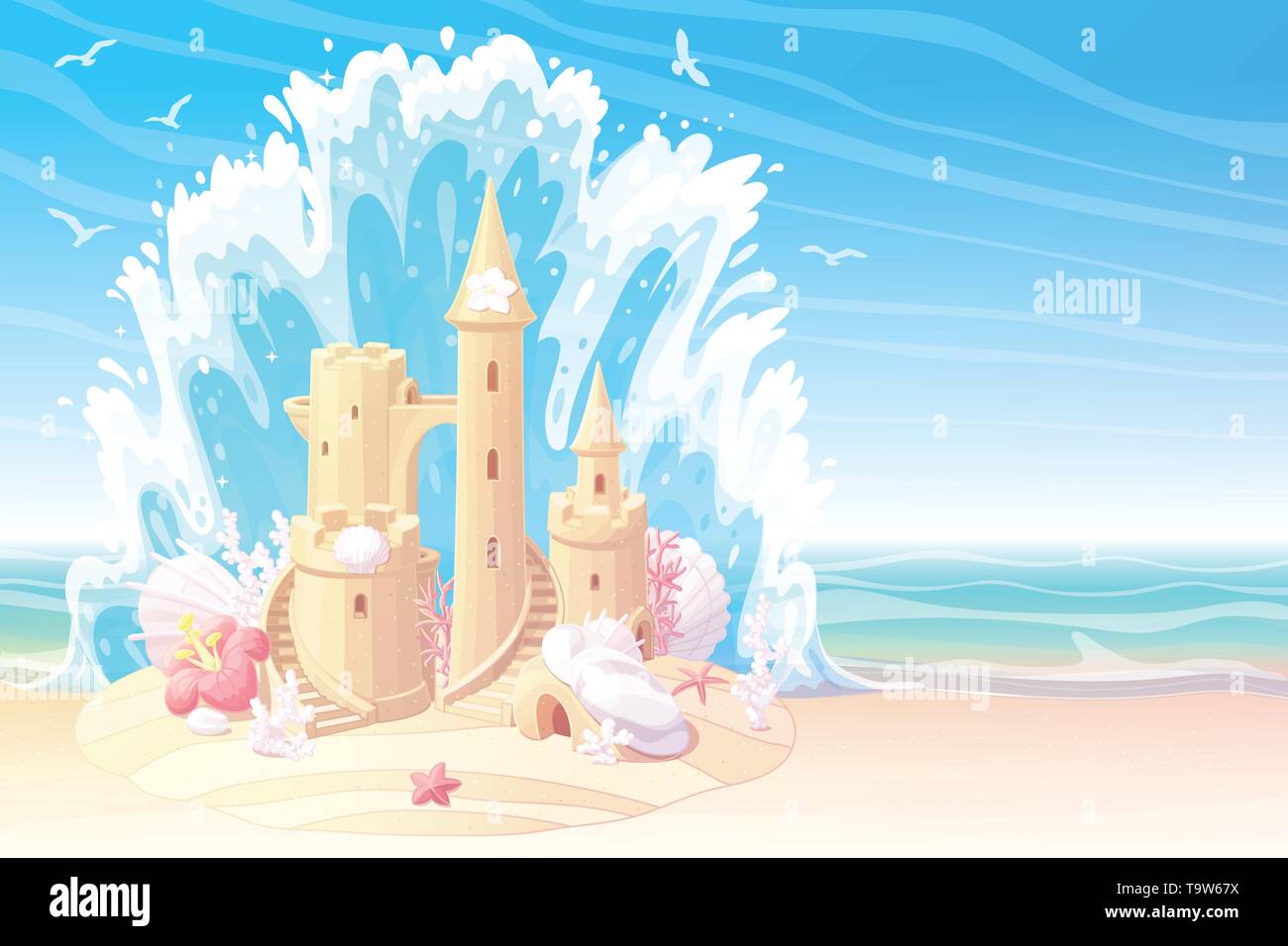 vector summer cartoon sea beach sandcastle sunny banner Stock Vector ...
