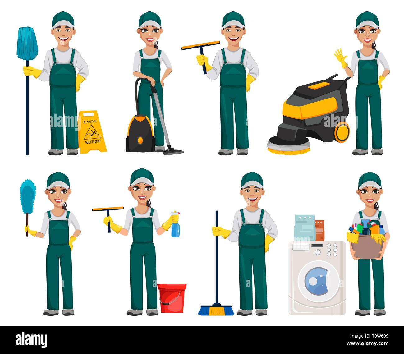 Cleaner man and woman cartoon characters, set of eight poses. Cleaning ...