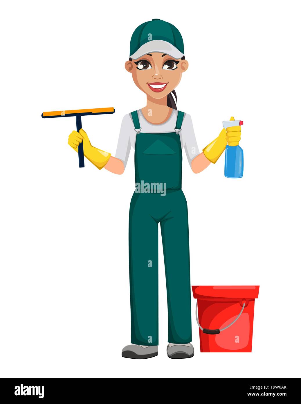 Cleaner woman holds rubber squeegee and sprayer. Cheerful lady, cartoon ...