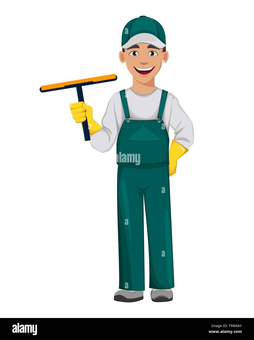 Cleaner man cartoon character holding glass scraper. Cleaning service ...
