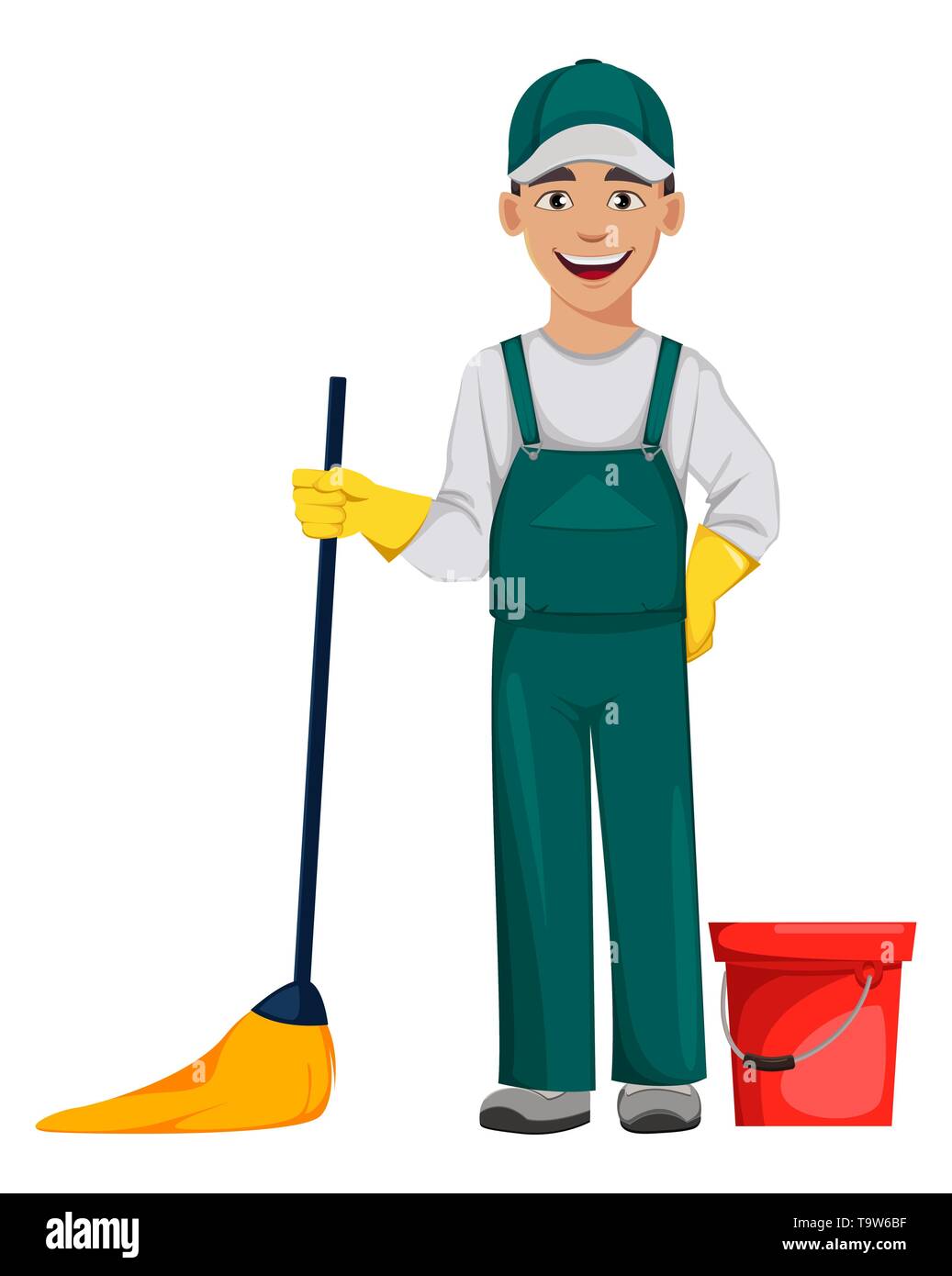 Cleaner man cartoon character with mop and bucket. Cleaning service ...