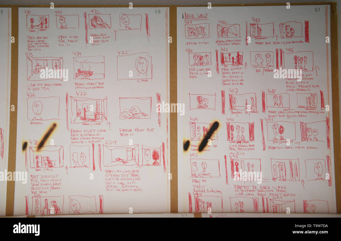 20 May 2019, Hessen, Frankfurt/Main: Reproductions of the storyboard ...