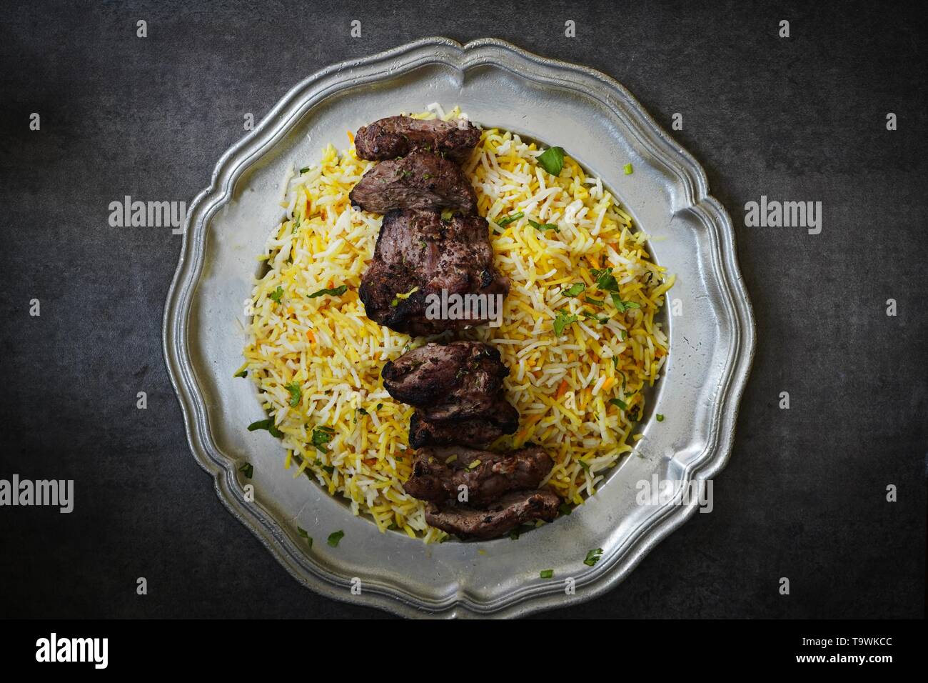 Lamb Kabab with Saffron rice / Iftar Ramadan food top view Stock Photo ...