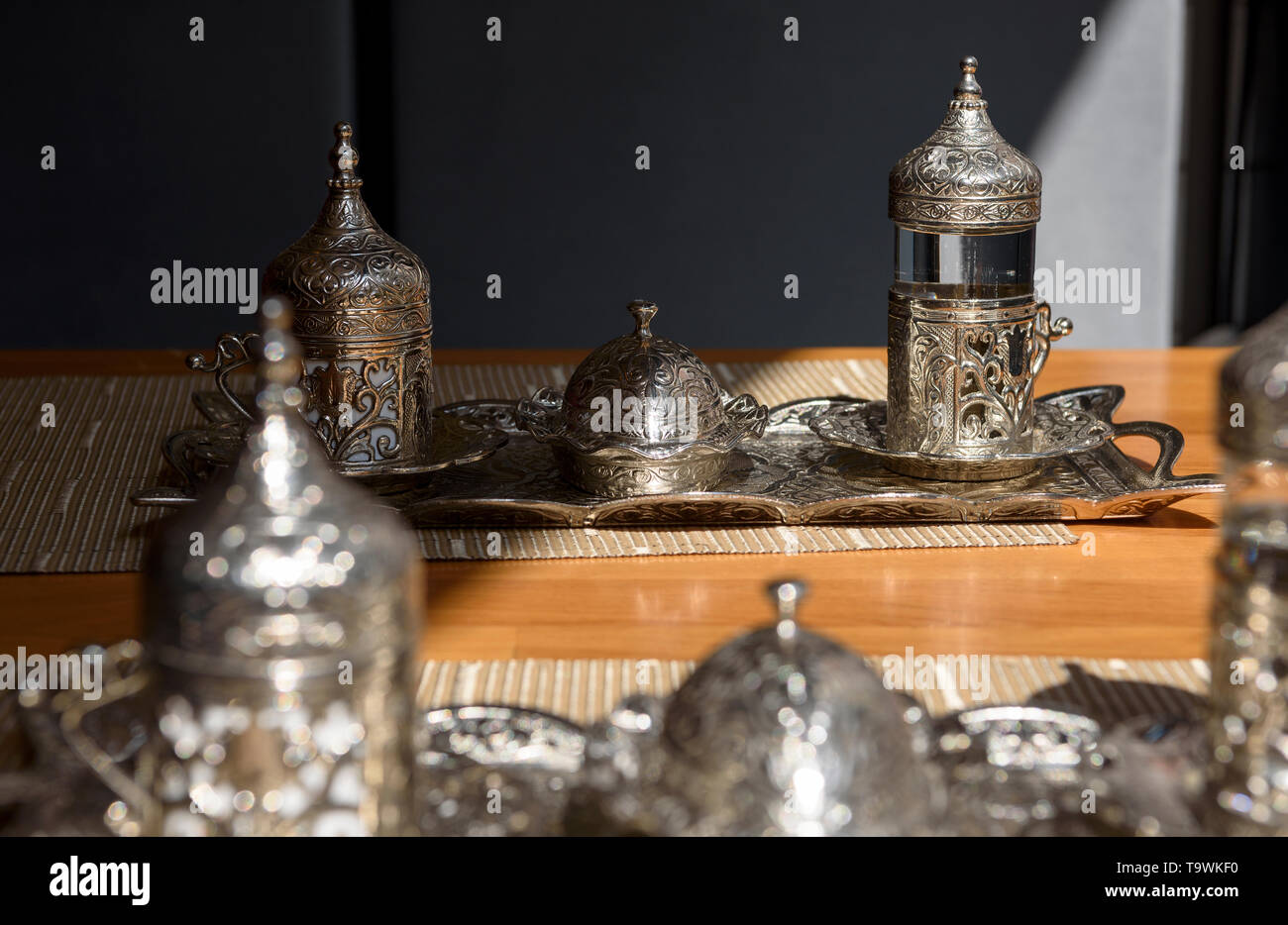 Turkish coffee with traditional embossed metal tray and cup Stock Photo ...