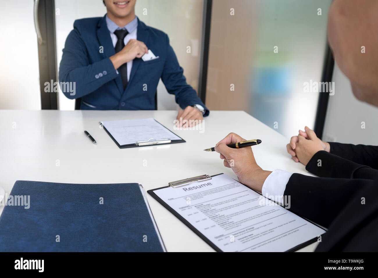 Manager boss and staff sitting to job interview a new worker Stock ...