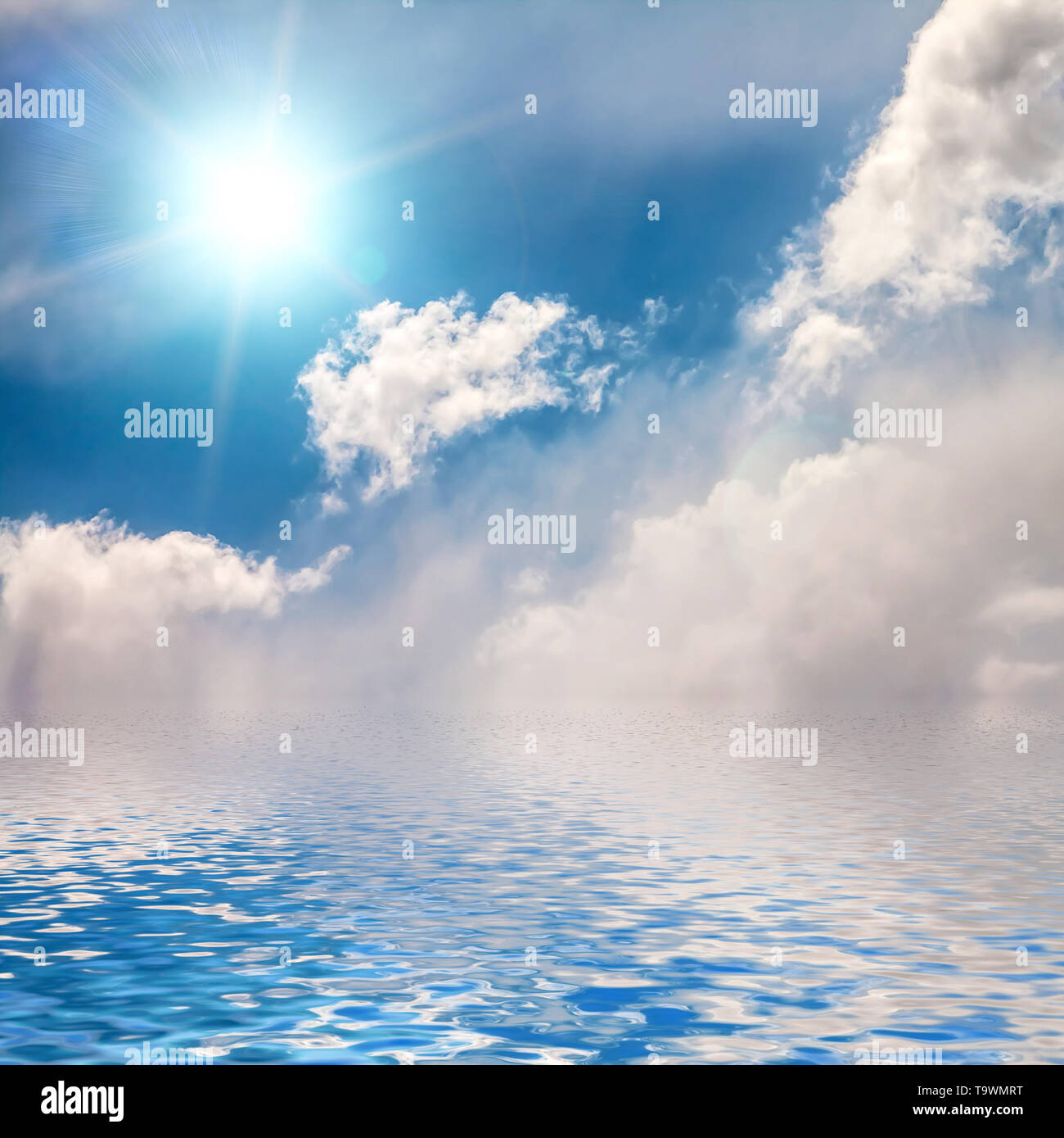 Sky with clouds and sun reflected in water Stock Photo - Alamy