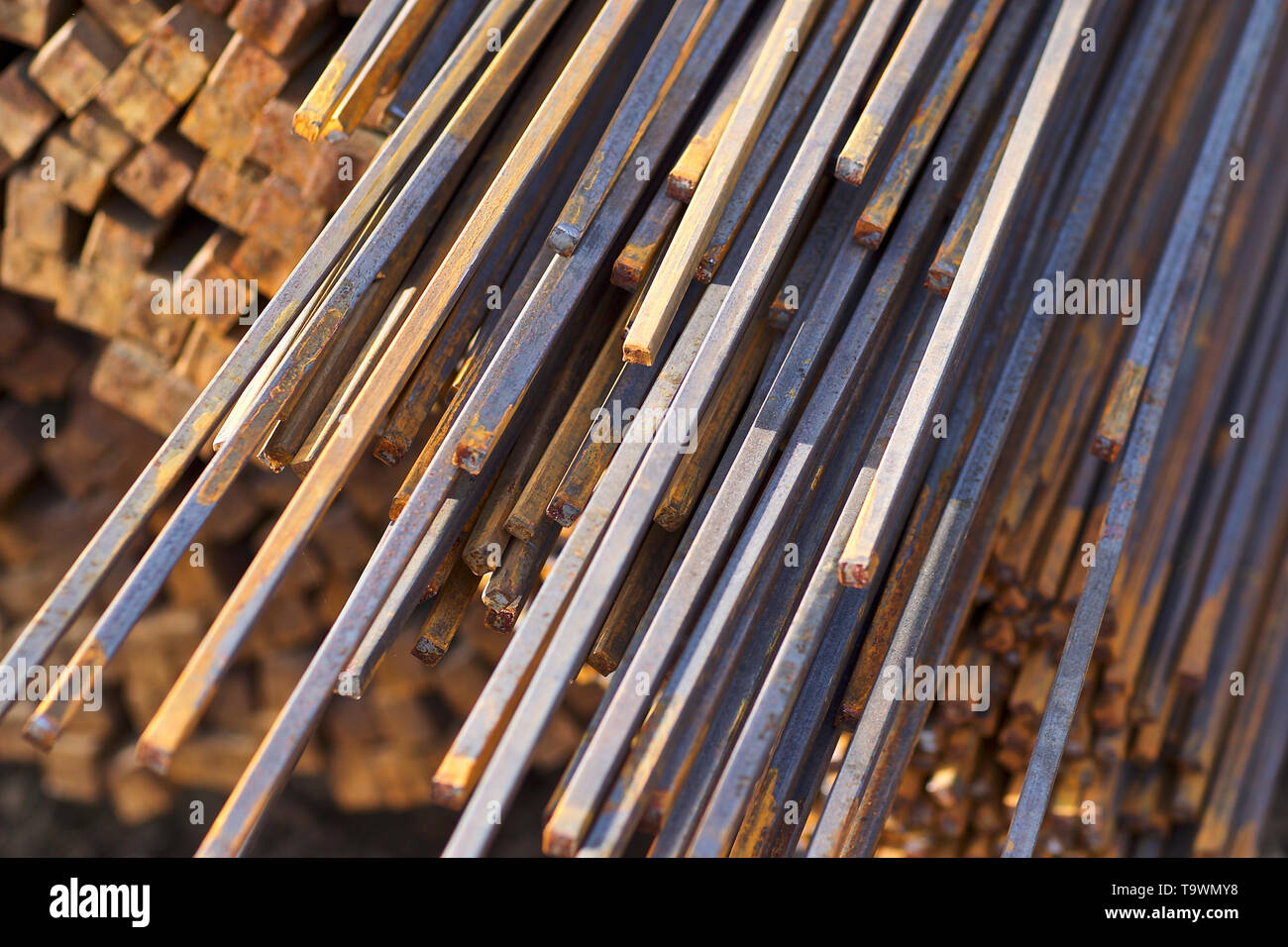Metal profile square in packs at the warehouse of metal products ...