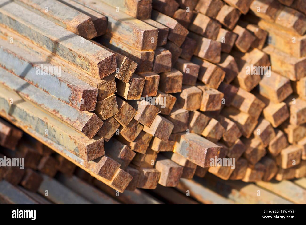 Metal profile square in packs at the warehouse of metal products ...