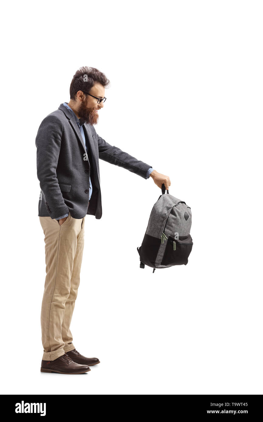 Happy man backpack standing Cut Out Stock Images & Pictures - Alamy