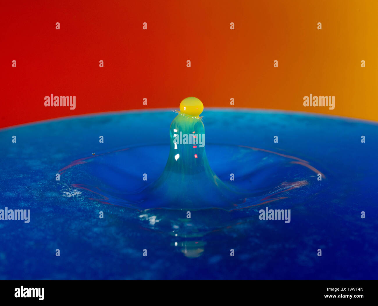 Yellow drop falling into blue water, causing amazing unique ripples ...