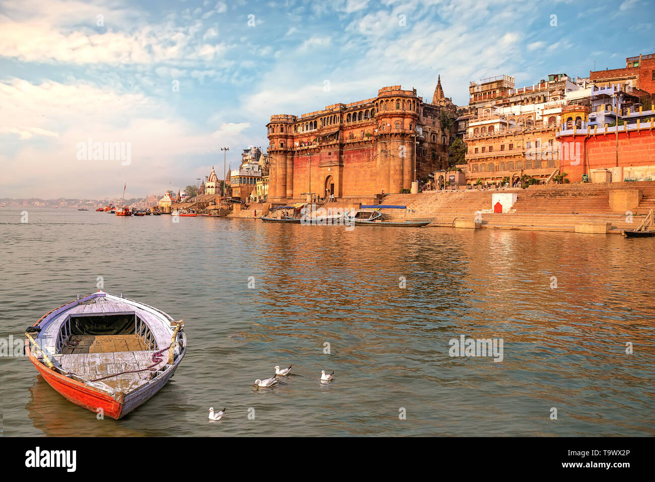 Ancient Varanasi India city architecture with view of Ganges river ghat ...