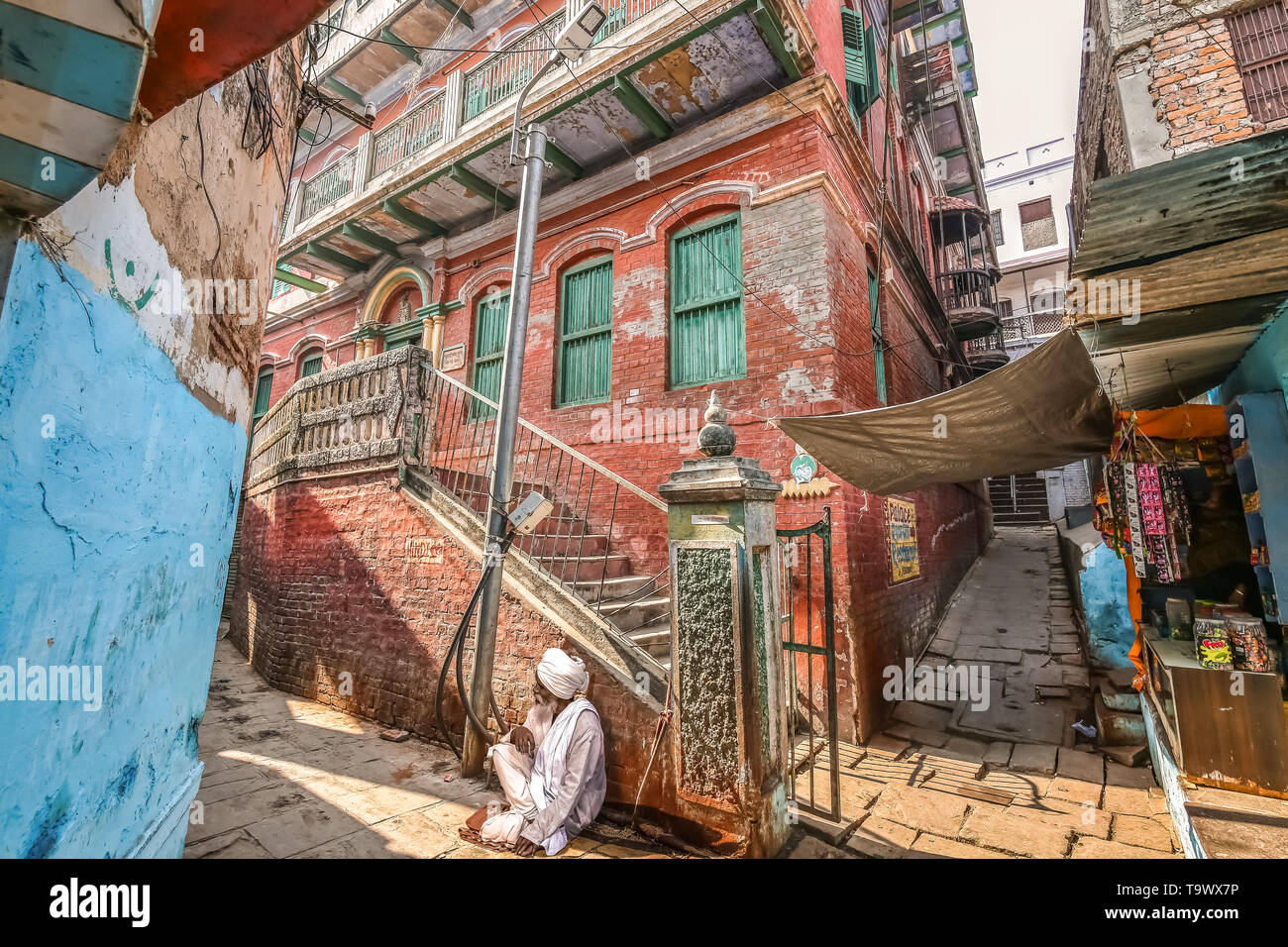 Varanasi historic city with old residential buildings and narrow ...