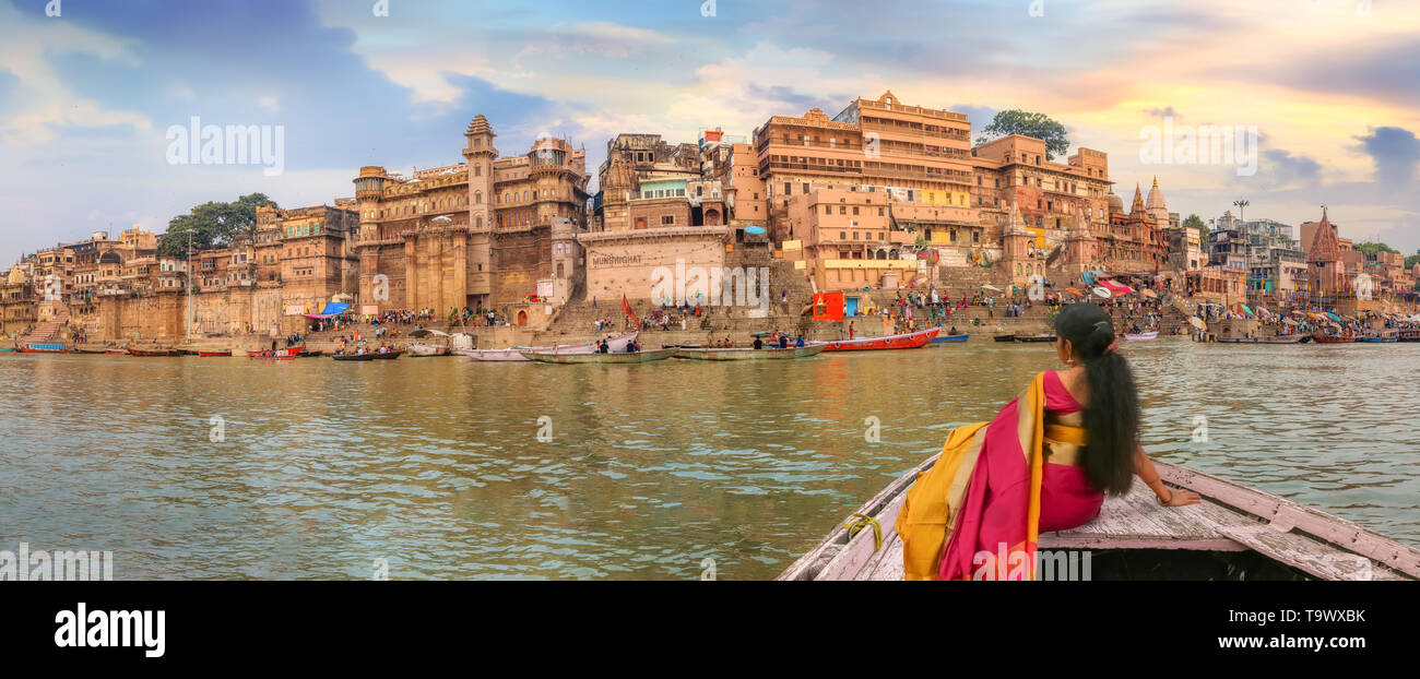 Historic Varanasi city architecture panoramic view at sunset with ...