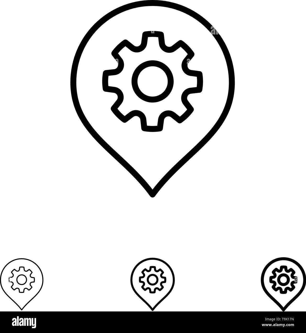 Gear, Setting, Location, Map Bold and thin black line icon set Stock ...