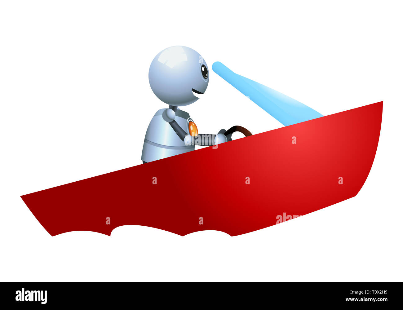illustration of a little robot riding a speed boat on isolated white ...