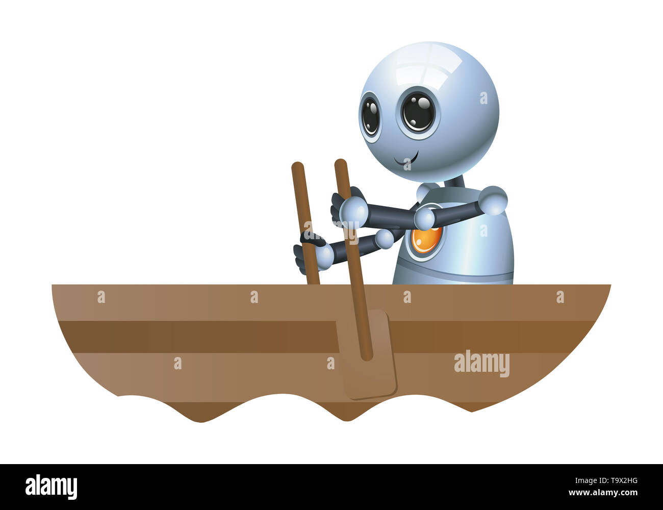 illustration of a little robot sit rowing on boat on isolated white ...