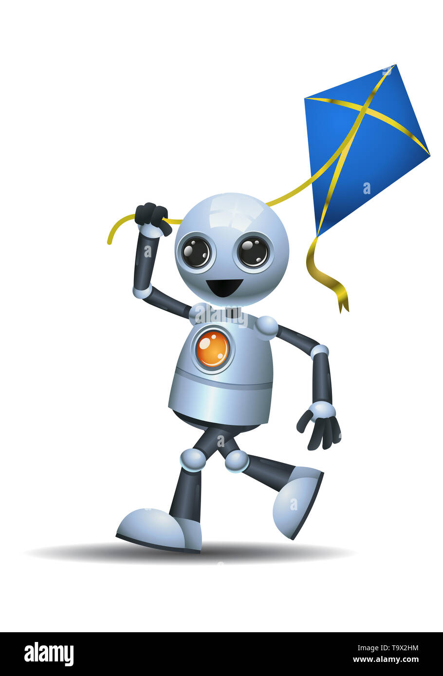illustration of a little robot playing kite on isolated white ...