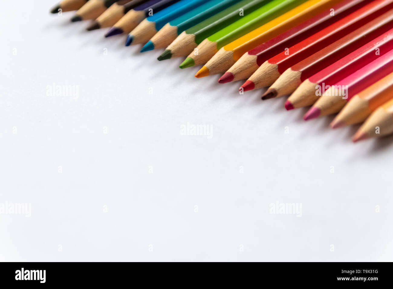 Set of colored pencils in rainbow colors wait for their first picture ...