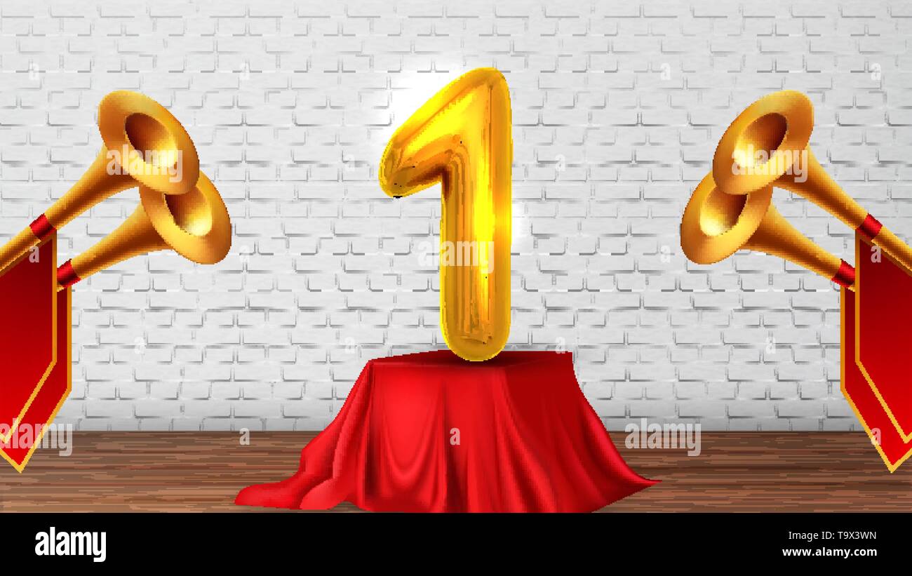 Winner Congratulations In Studio On Scene Vector. Golden Trumpets With ...
