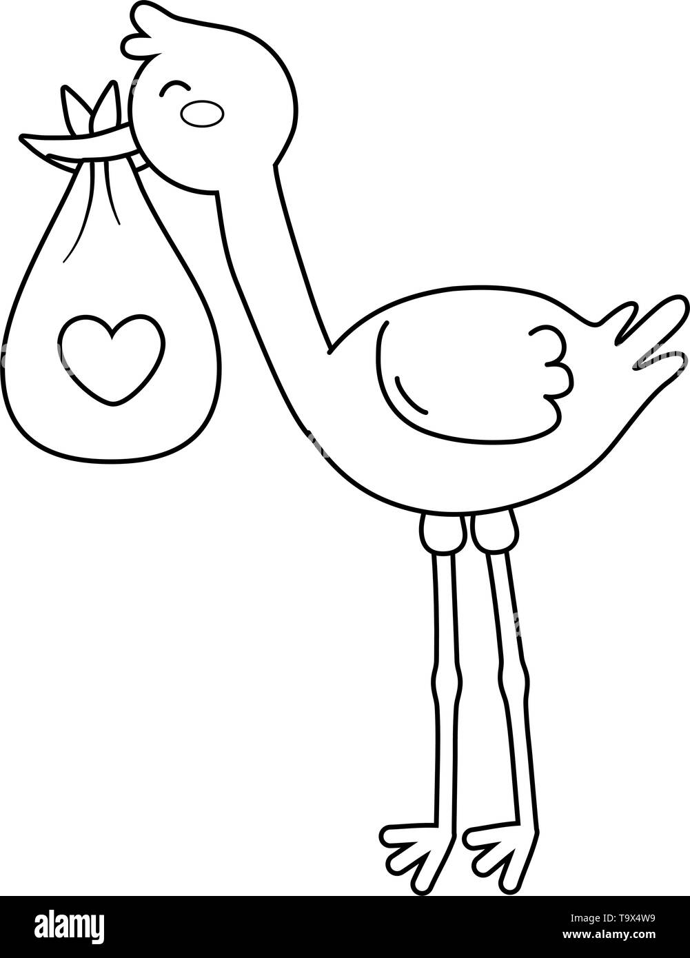 stork carrying a bag with heart icon cartoon vector illustration ...