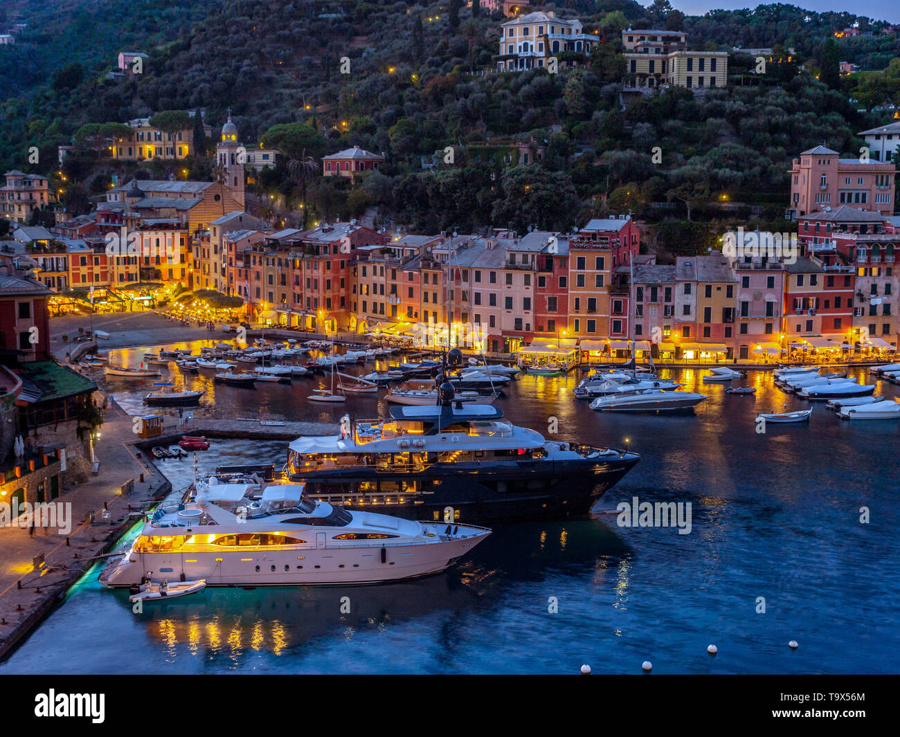 Look at Portofino at night, Golfo Paradiso, province Genoa, Riviera Tu ...