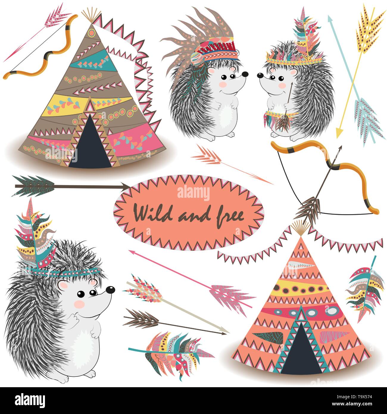 Tribal Collections Set with teepee tens, arrows, feathers, tribal ...