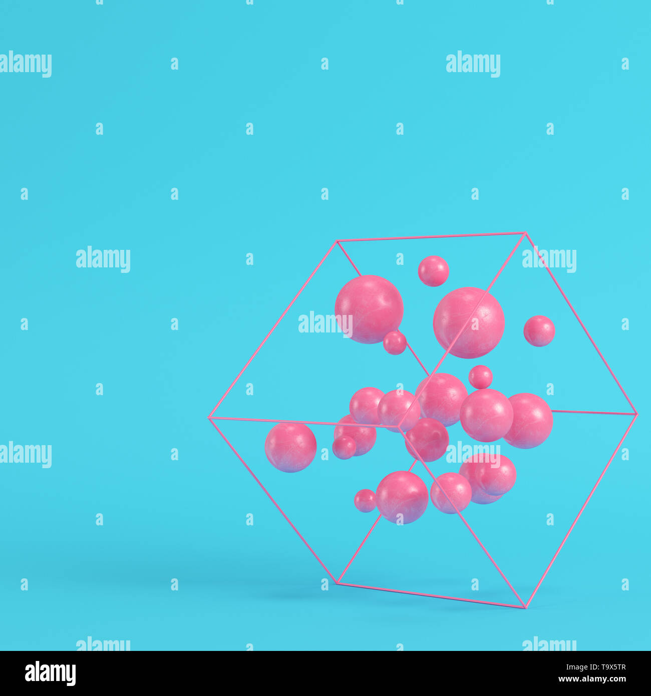 Abstract spheres in wire box on bright blue background in pastel colors ...